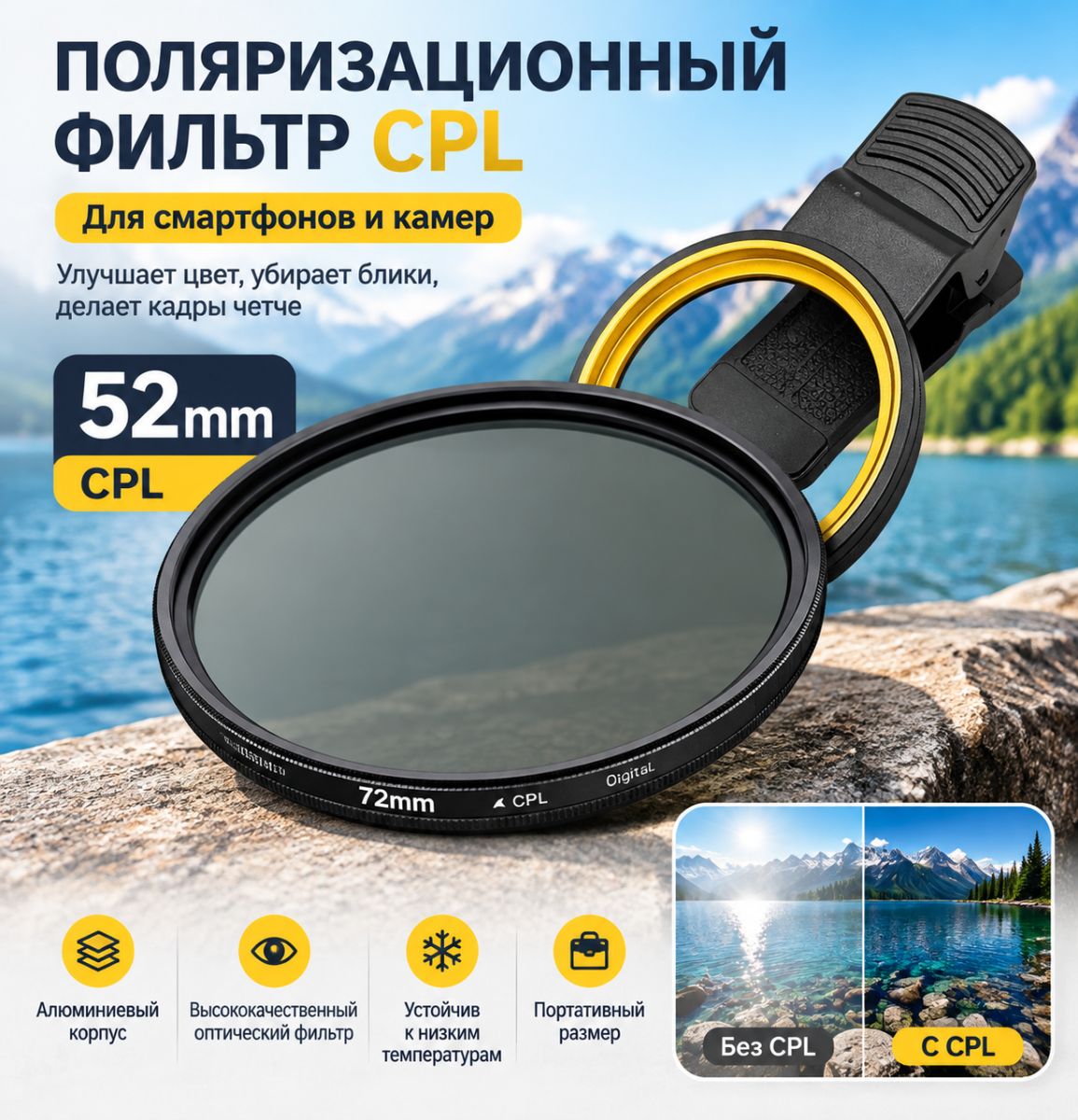 Светофильтр CPL 52 мм, фильтр для объектива поляризационный ультратонкий 52MM