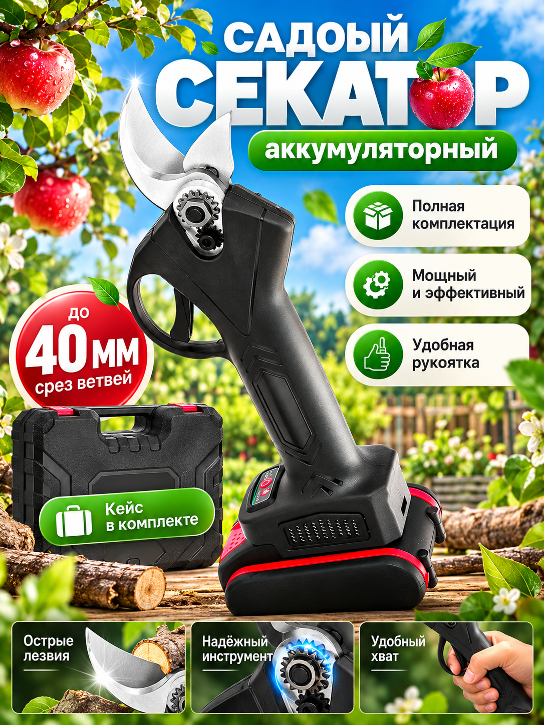 Секатор аккумуляторный садовый для огорода, электрический сучкорез для обрезки деревьев кустов черный