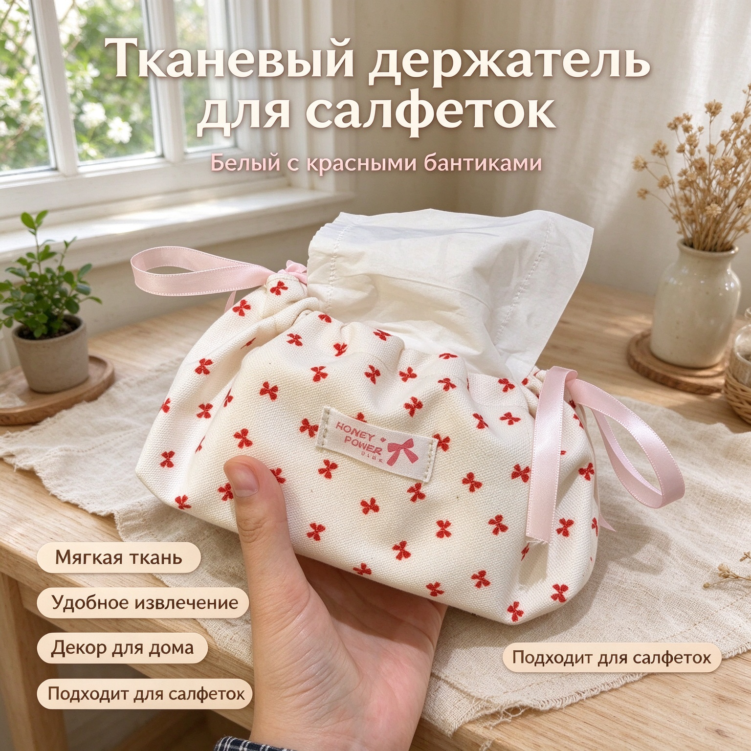 Тканевый держатель для салфеток с атласными лентами, милый чехол для бумажных салфеток, для дома, спальни и автомобиля