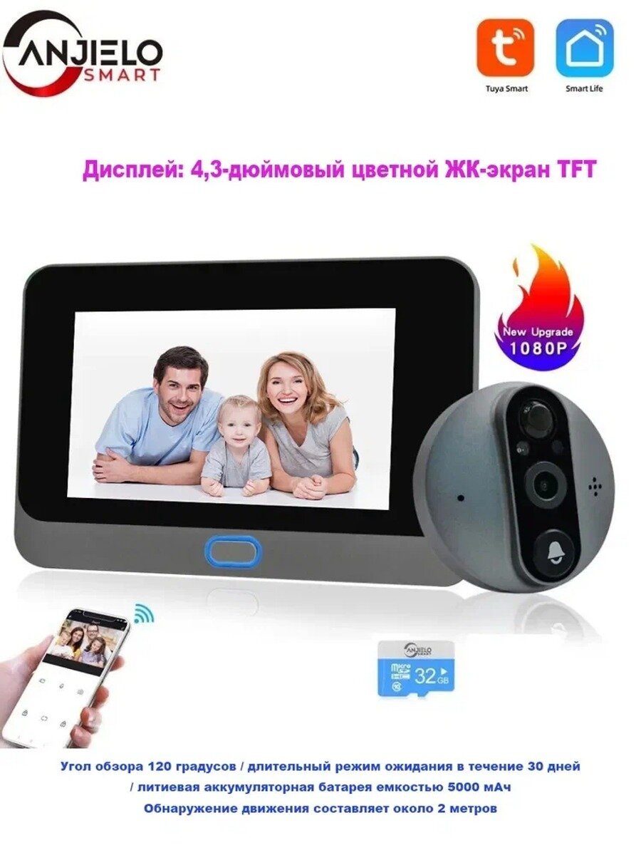 4 3 дюймовый 1080P Wi Fi видео дверной звонок камера глазок Visual Home Tuya Smartlife с