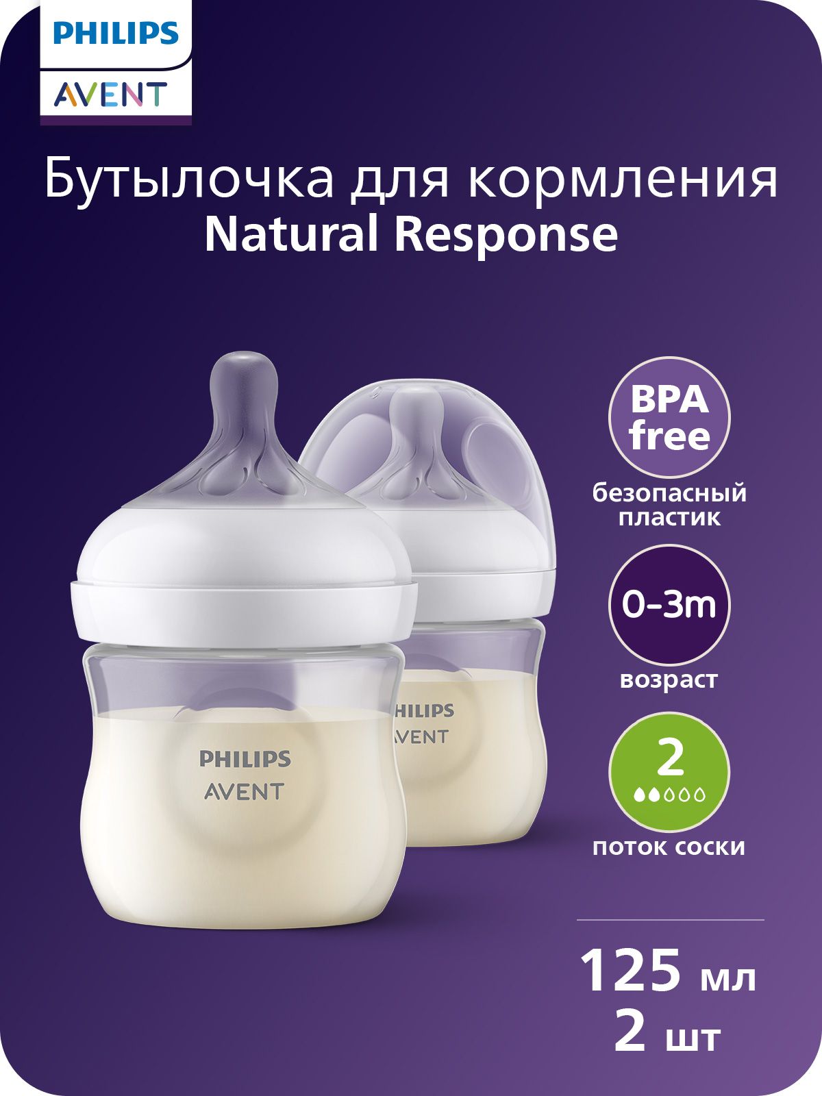Бутылочка для кормления новорожденных Philips Avent Natural Response, SCY900/02, 125 мл, 0 мес+, 2 шт, с антиколиковым клапаном