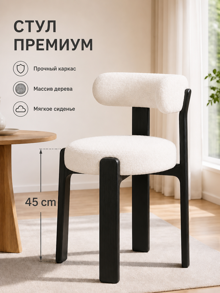 Стул для столовой, мягкая обивка велюр, белый, дубовый каркас чёрный