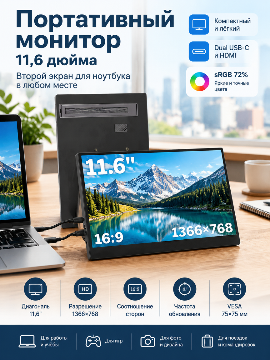Портативный монитор 11,6 дюйма 1366x768 60 Гц с Dual USB-C, HDMI и VESA 75x75, черно-серый