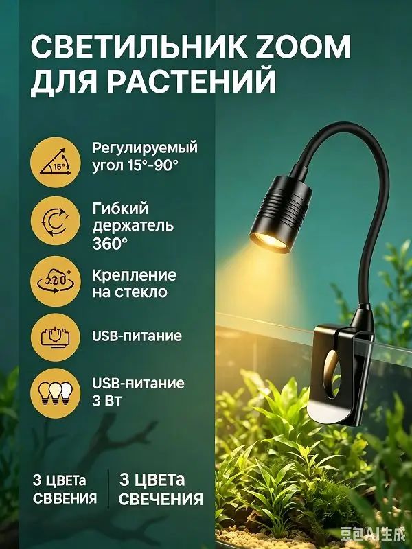 Регулируемая лампа для аквариума, гибкая ножка, три режима свечения с таймером
