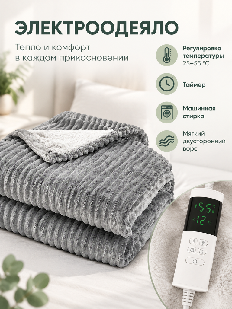 Электроодеяло плед с подогревом двусторонний, флис и шерсть, регулировка 25-55C, таймер, можно стирать, для дома и дачи130 × 180