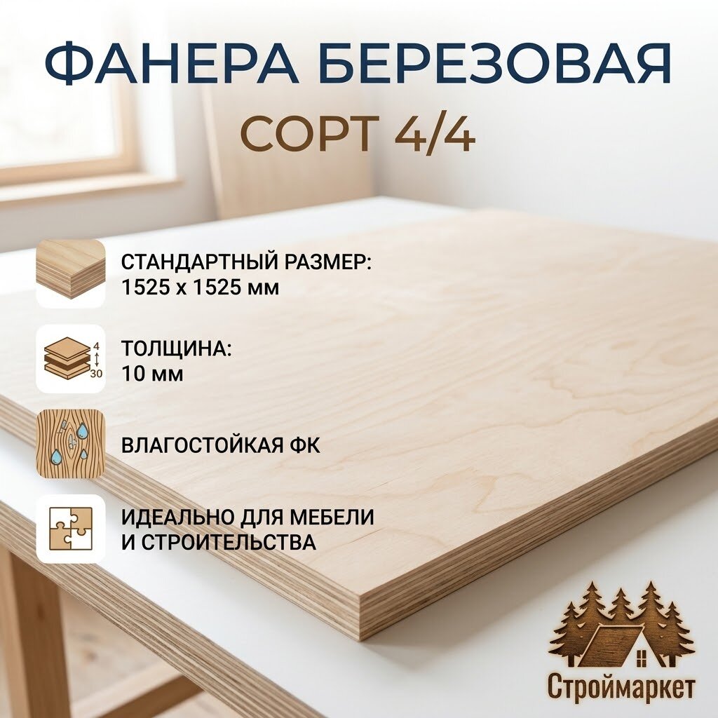 Фанера ФК сорт 4/4 (1525х1525) 10 мм, береза, влагостойкая, Е1
