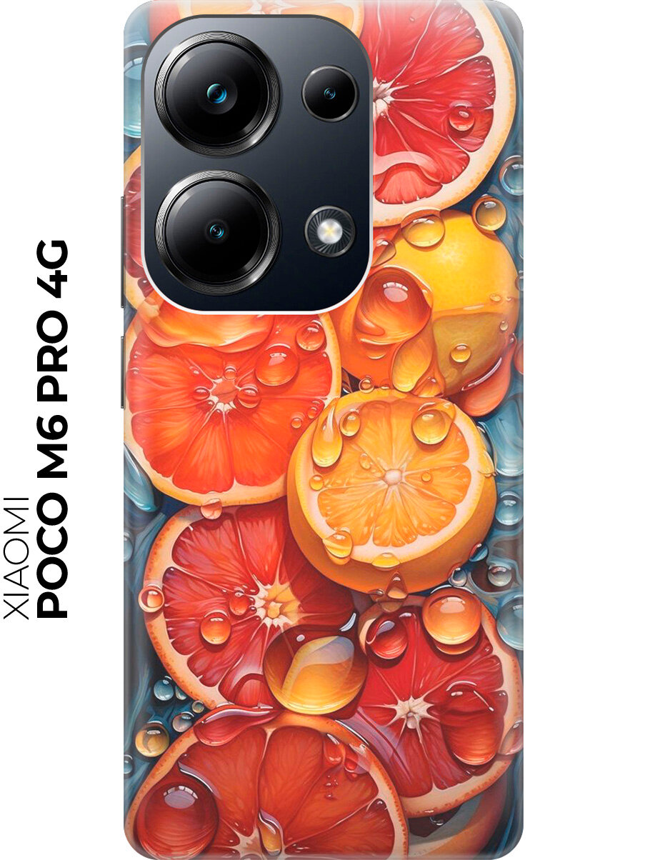 Силиконовый чехол на Xiaomi Redmi Note 13 Pro 4G / Poco M6 Pro 4G / Сяоми Редми Ноут 13 Про 4г / Поко М6 Про 4г с рисунком "Сочные апельсины в каплях"