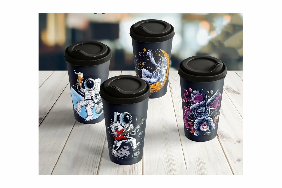 Idiland Комплект стаканов "IZI-GO" с крышкой 550мл х 4 шт с декором (черный) 241114730/01