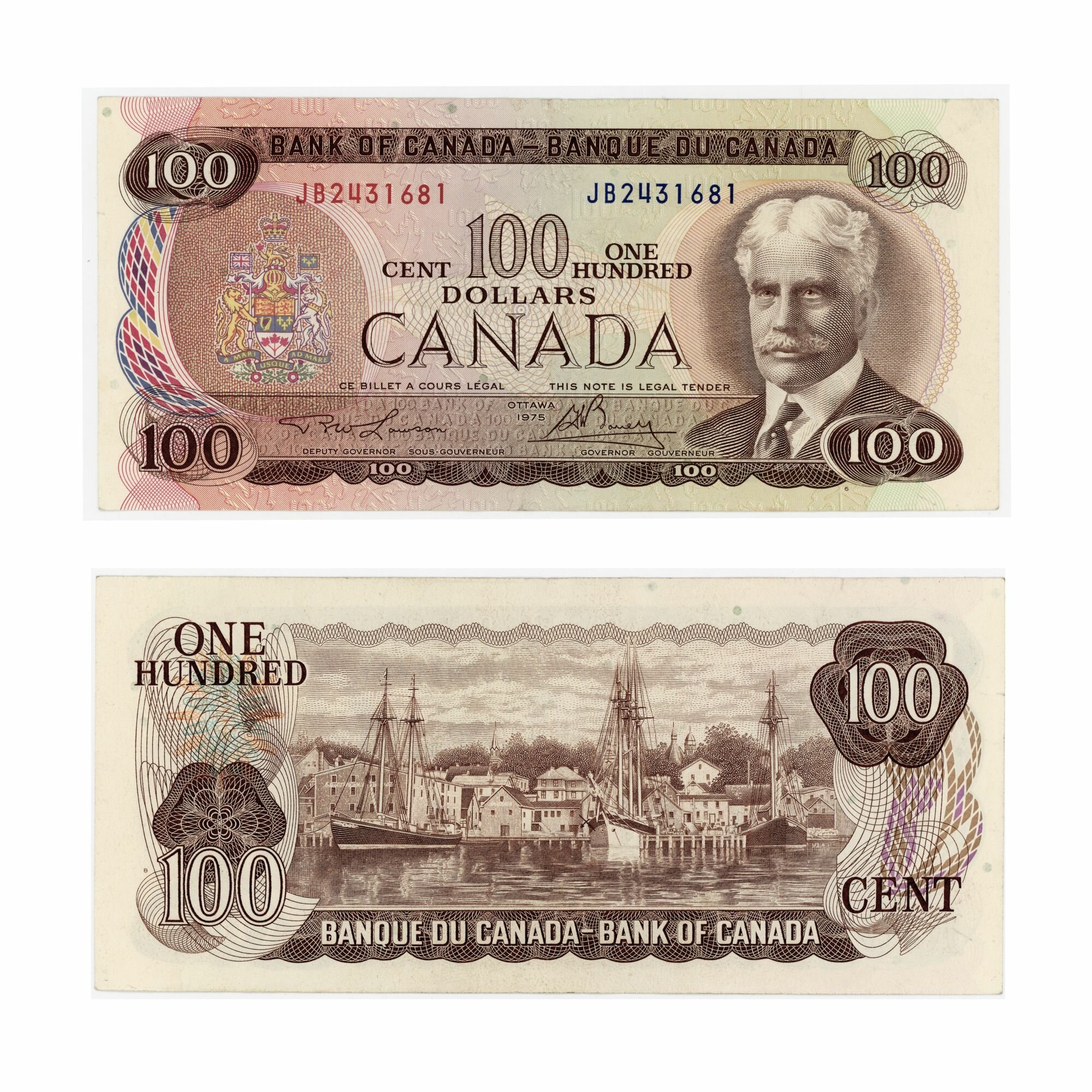 Банкнота Канада 100 долларов ONE HUNDRED DOLLARS 1975 (XF-VF) Pick 91