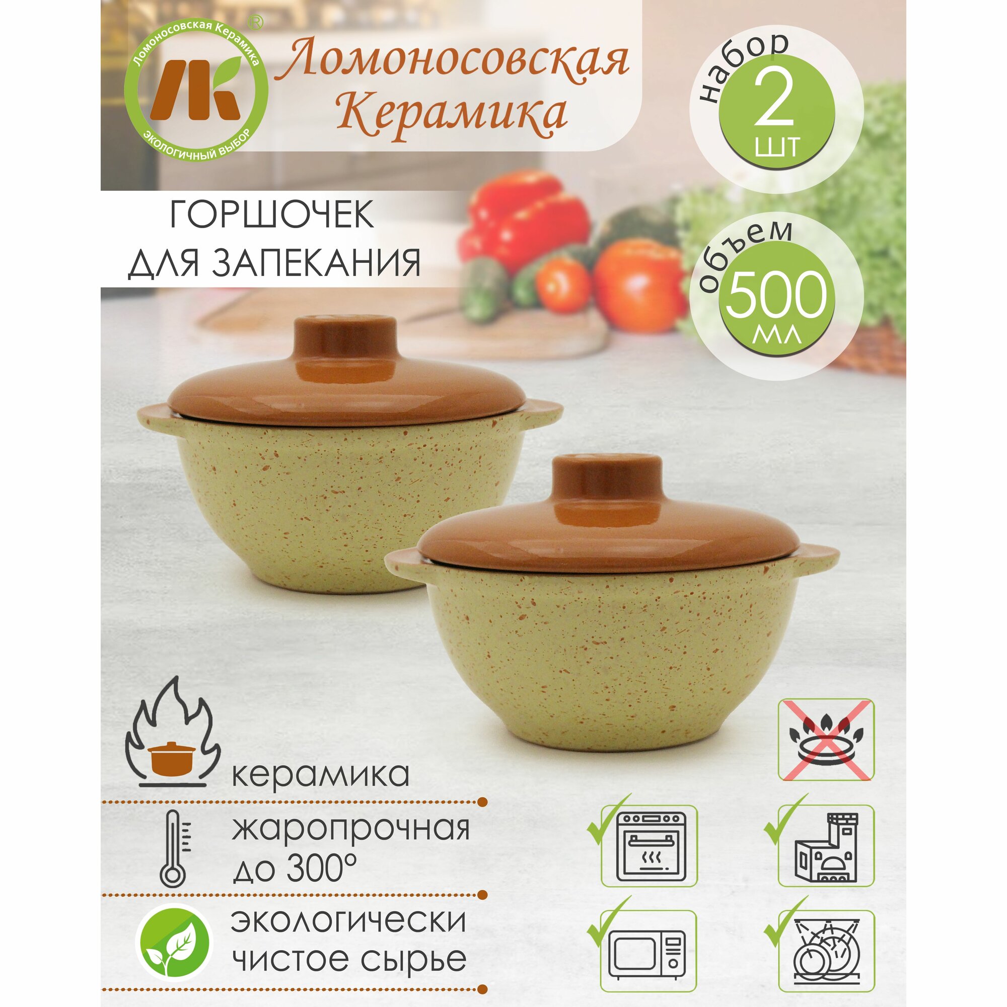 Горшочек для запекания в духовке, форма для выпечки, жульена, 500мл "Ломоносовский" ColorLife, набор 2шт, керамика