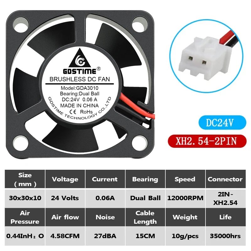 Вентилятор Gdstime 30x30x10 мм, 24V, Dual Ball, 2p2.54