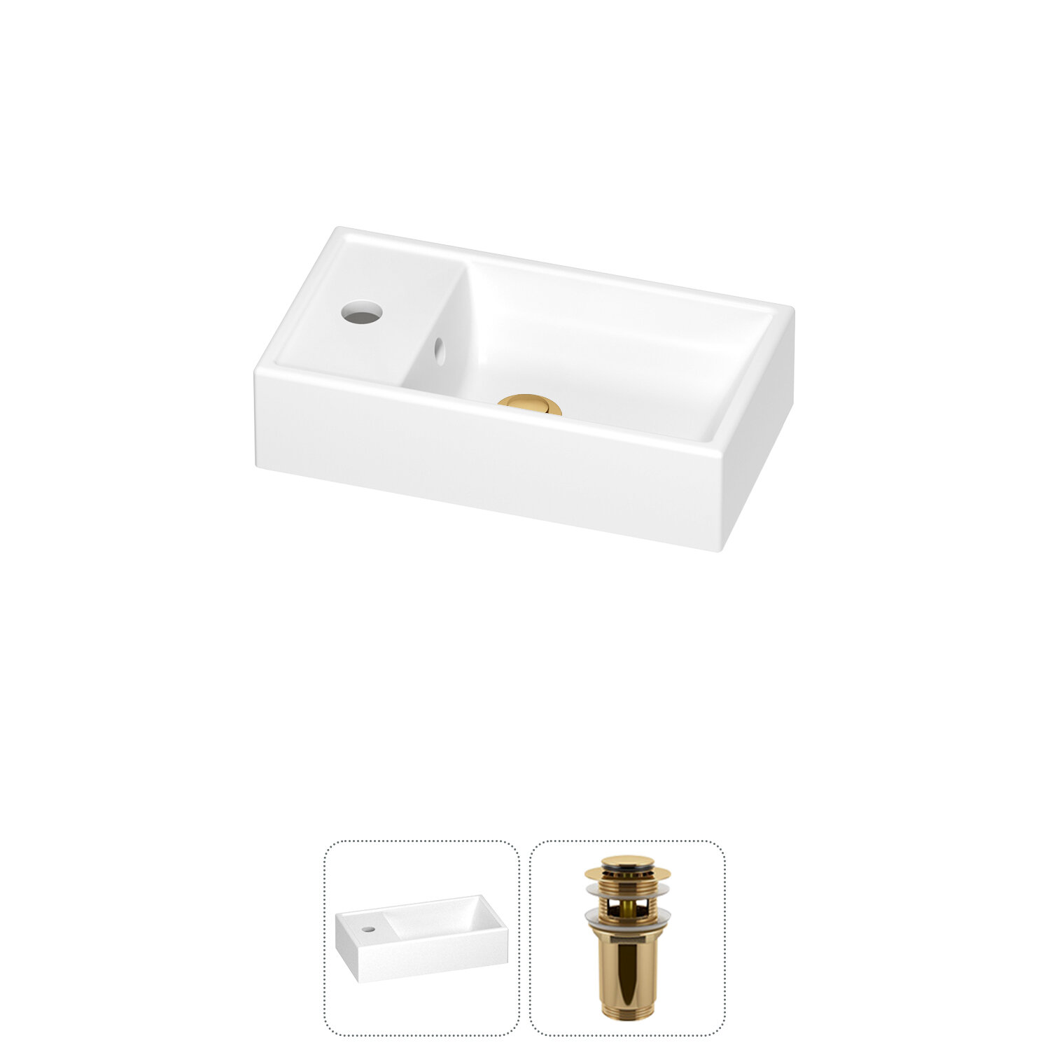 Маленькая раковина в ванную комнату или туалет Wellsee WC Area 202010489 в наборе 2 в 1: узкая раковина 40 см, донный клапан в цвете золото