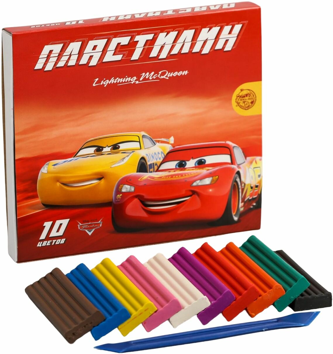 Пластилин цветной классический "Чемпион. Тачки" со стеком, для детей, набор из 10 цветов, 150 г, для лепки, поделок и аппликаций, от 3 лет