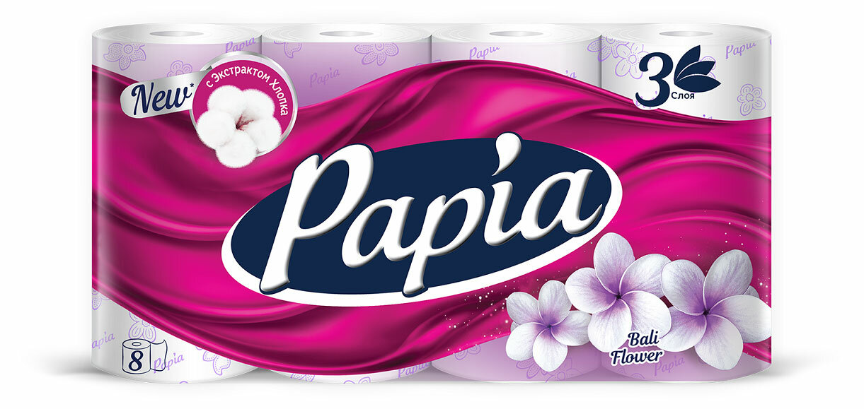 Туалетная бумага Papia Bali Flower белая 3 слоя, 8 рулонов