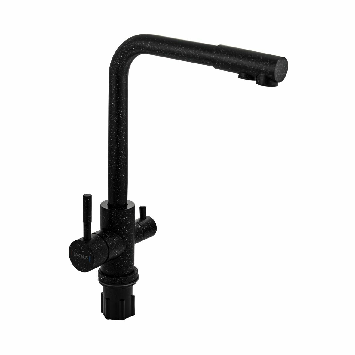 MAGNUS - Смеситель кухонный Г-образный излив, шаровый, с двойным выпуском воды для фильтра, из нержавеющей стали марки 304, черный гранит91125