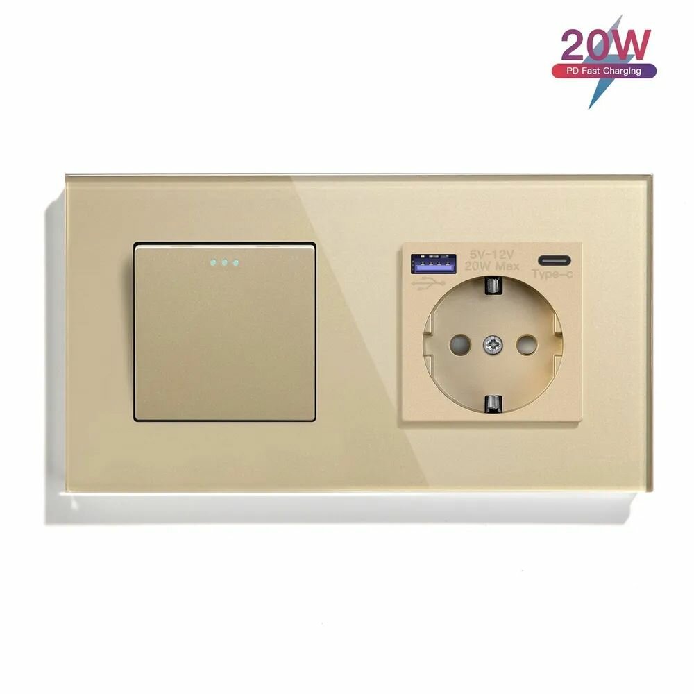 Выключатель с розеткой USB и type-C, 1 клавиша 1 розетка быстрая зарядка 20w, 2 поста (М1+1F) рамка стекло 157х86мм цвет золото
