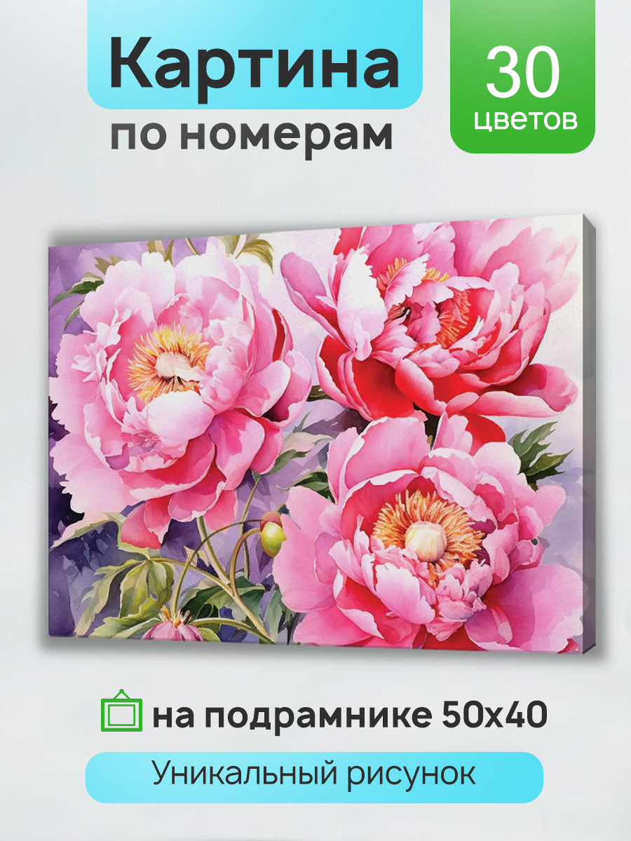 Холст с красками по номерам "Пионы Сара Бернар" 50х40 см. От бренда Jazzle. Артикул 1123153