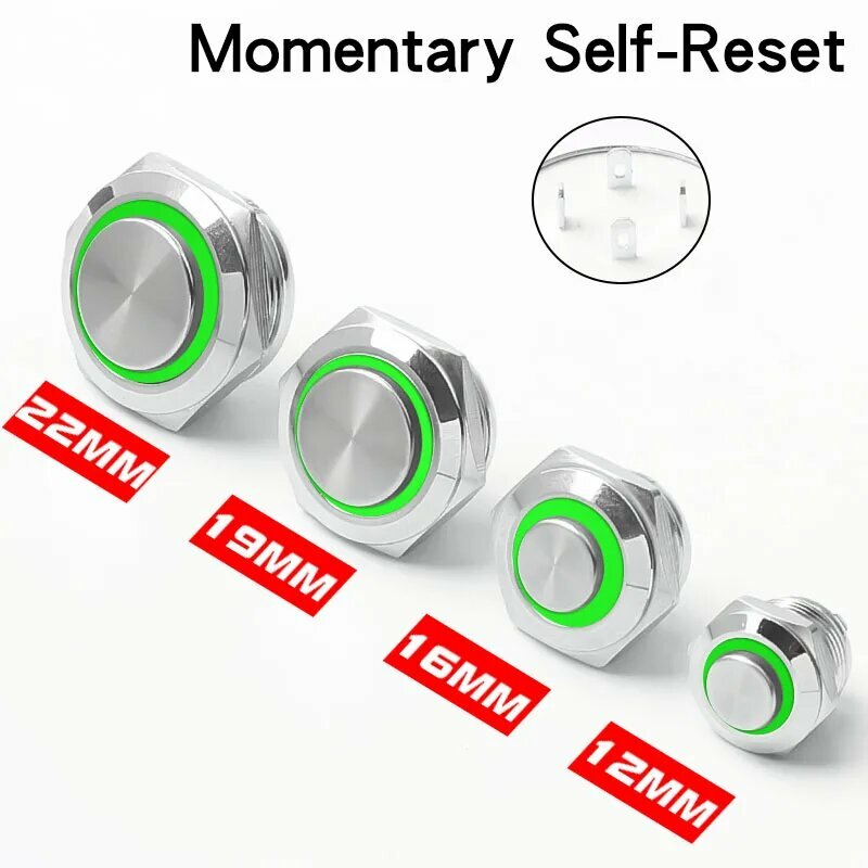 Переключатель самовозвратный 12-22 мм, Green Ring Light, 3-6V