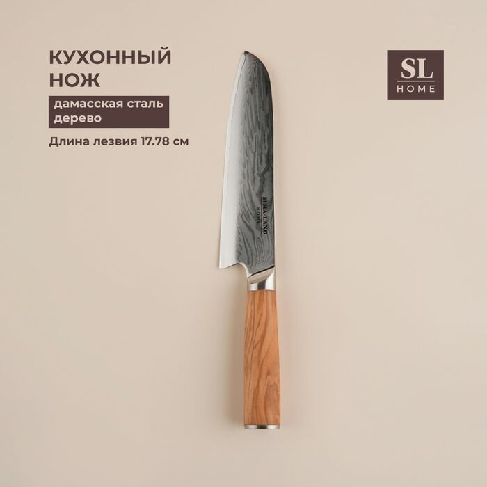 Нож кухонный SL Home Оливия , сантоку, лезвие 17,78 см, дамасская сталь, цвет коричневый