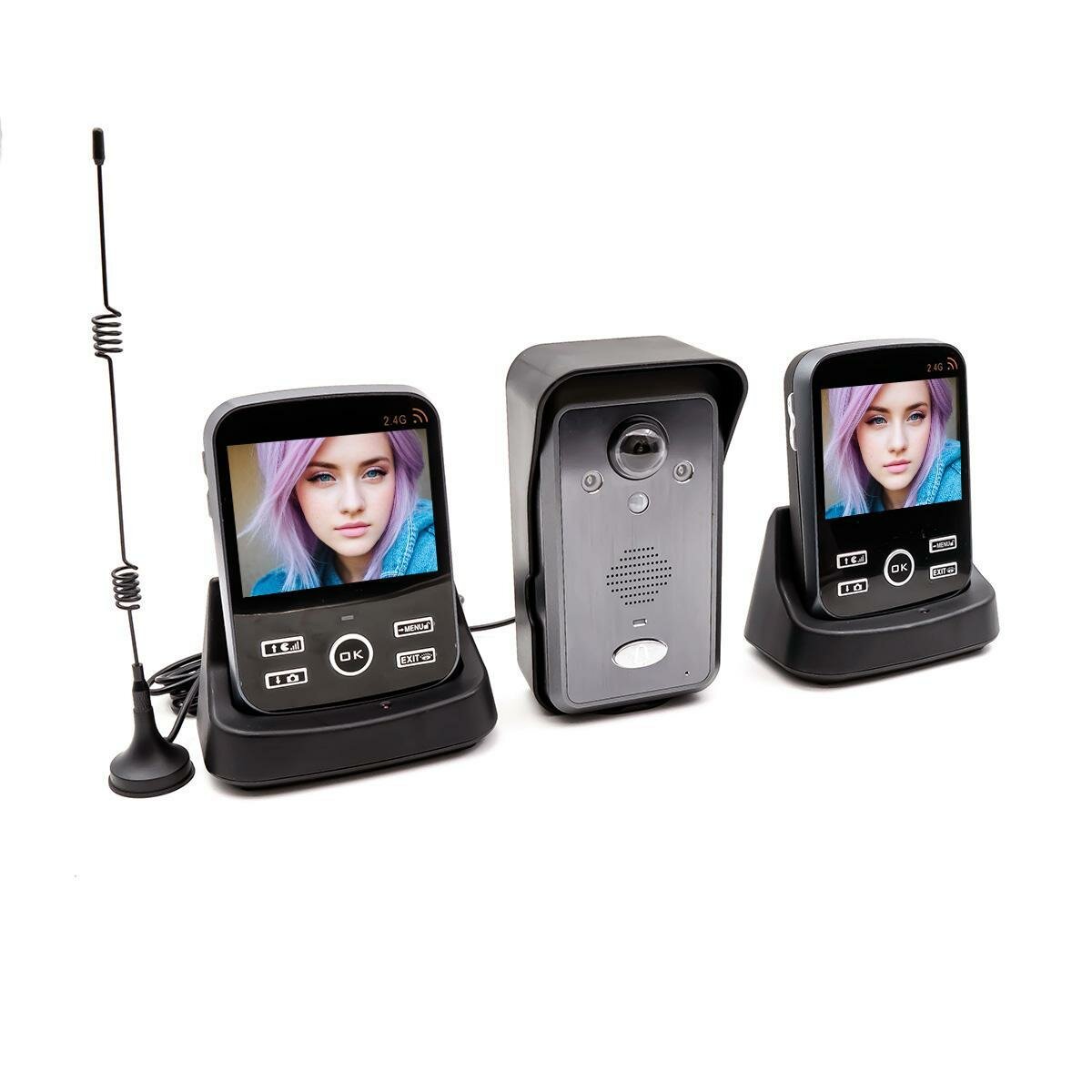 Радиоканальный видеодомофон с выносной антенной Переносной Kiwos-3.5 REC (1/2) (K5896RU) и двумя 3,5" мониторами, запись фото. Беспроводная вызы