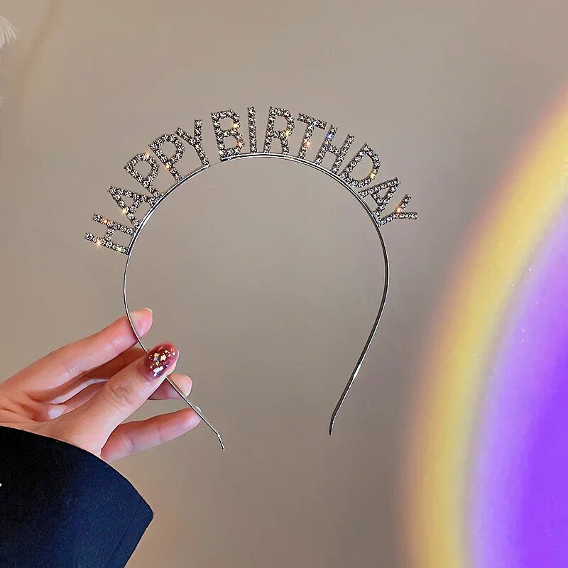 Блестящая повязка на голову Happy Birthday, серебристая