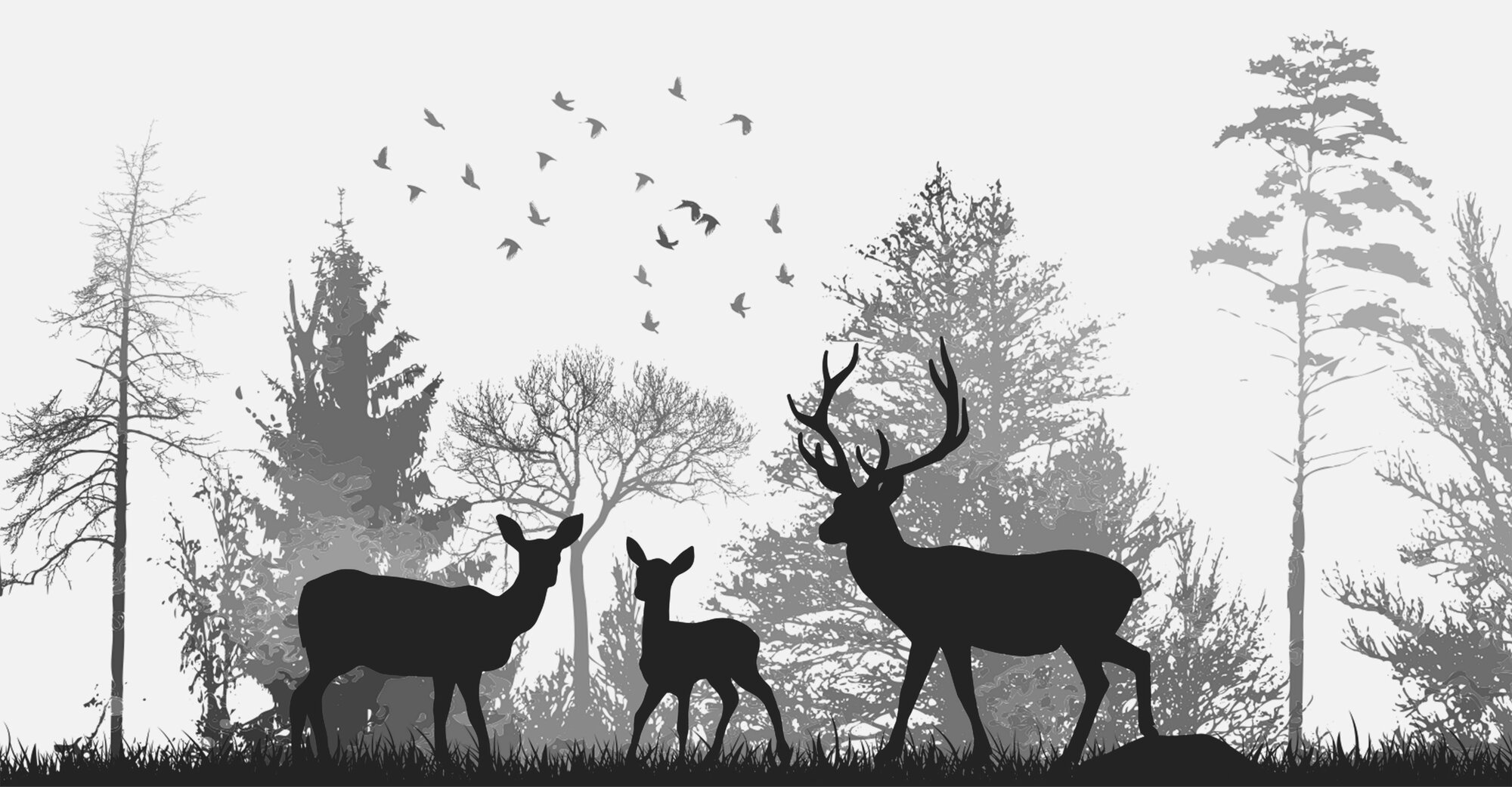 Фотообои на стену антивандальные 500х250см Олени в туманном лесу винил на флизелине зеркальные