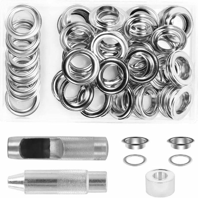 Набор люверсов 20 мм для ткани, тента и занавесок 50 серебристых комплектов с медной проушиной и 3 монтажными инструментами