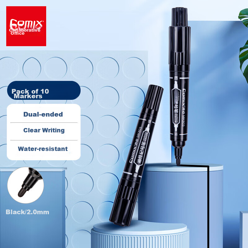 Comix Double-Ended Permanent Marker Pens, Writing Tools, Pack of 10, Black, MK803