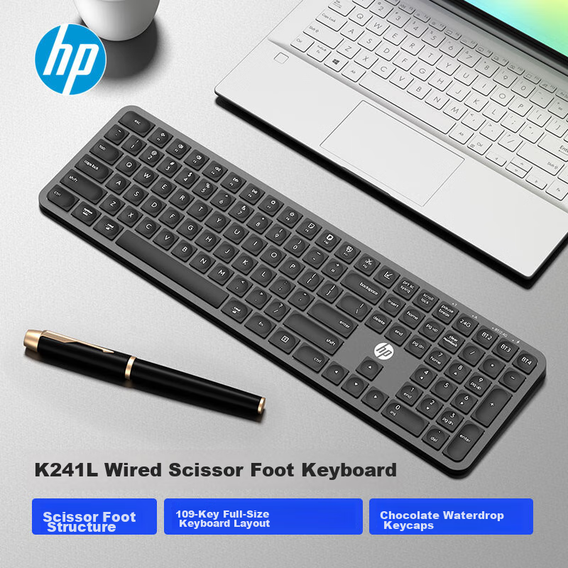 HP K241L Office Scissor Foot Slim Keyboard, 104 Full-Key Wired Keyboard, Quiet Scissor Foot Laptop External Desktop Home Office Typing Keyboard