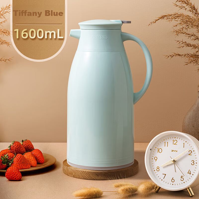JEKO&JEKO Insulated Bottle, Household Thermos, Warm Water Jug, Dormitory Large Capacity Water Bottle, Glass Inner Liner, 1.6L, Tiffany Blue