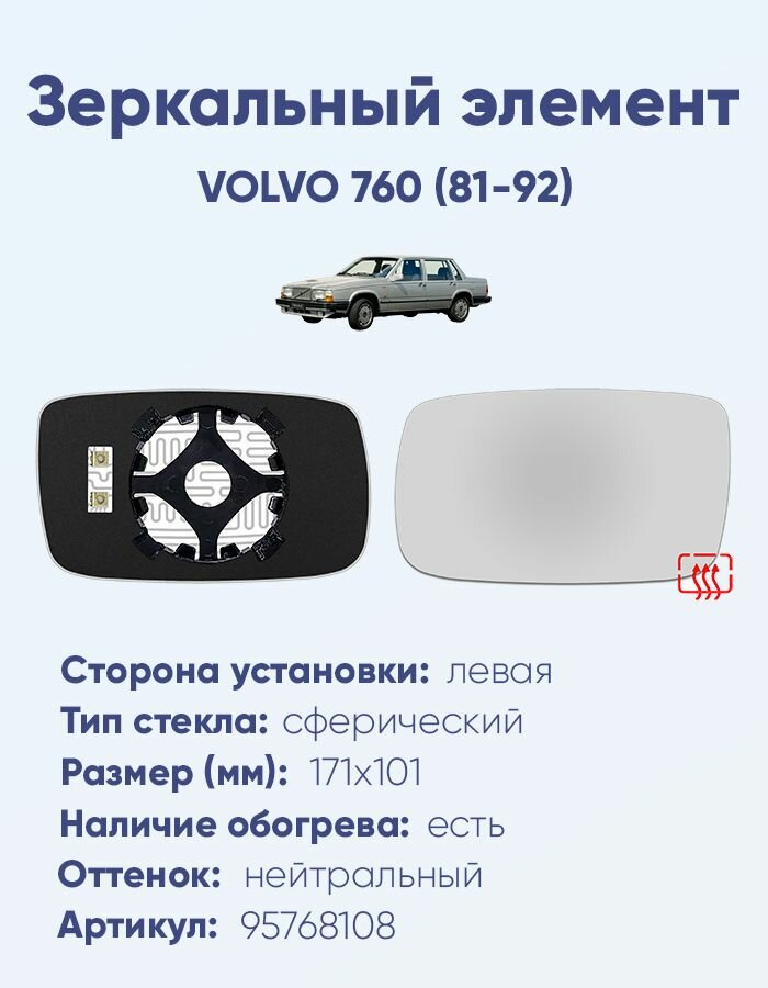 Зеркальный элемент левый VOLVO 760 (81-92) сфера нейтральный с обогревом