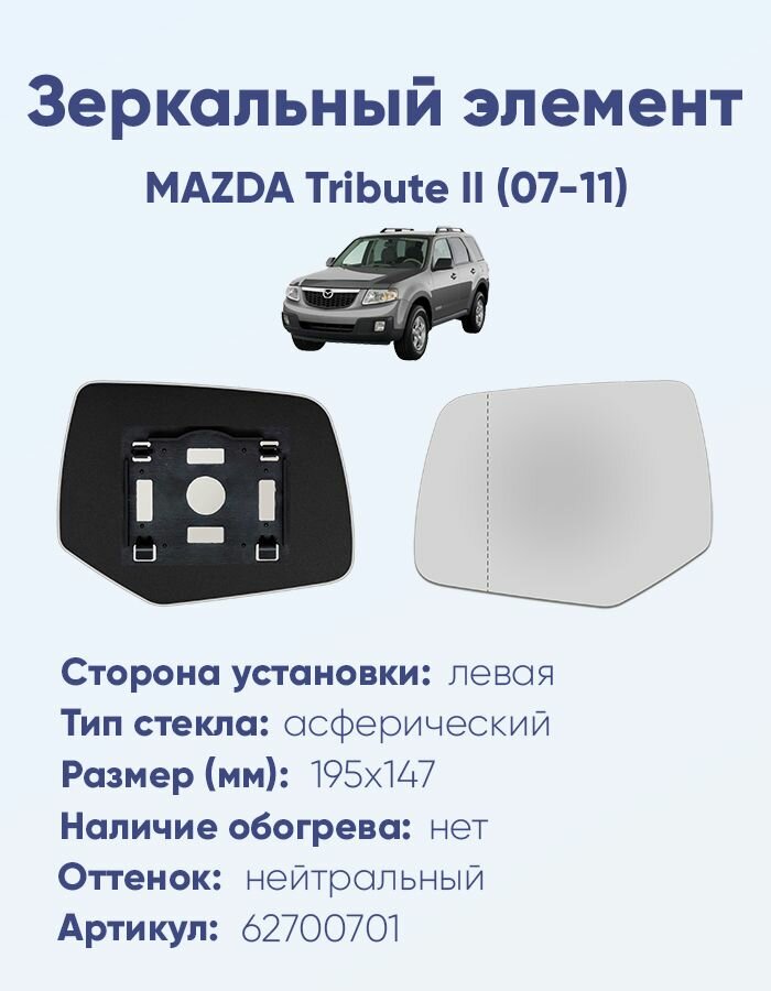 Зеркальный элемент левый MAZDA Tribute II (07-11) асферика нейтральный без обогрева