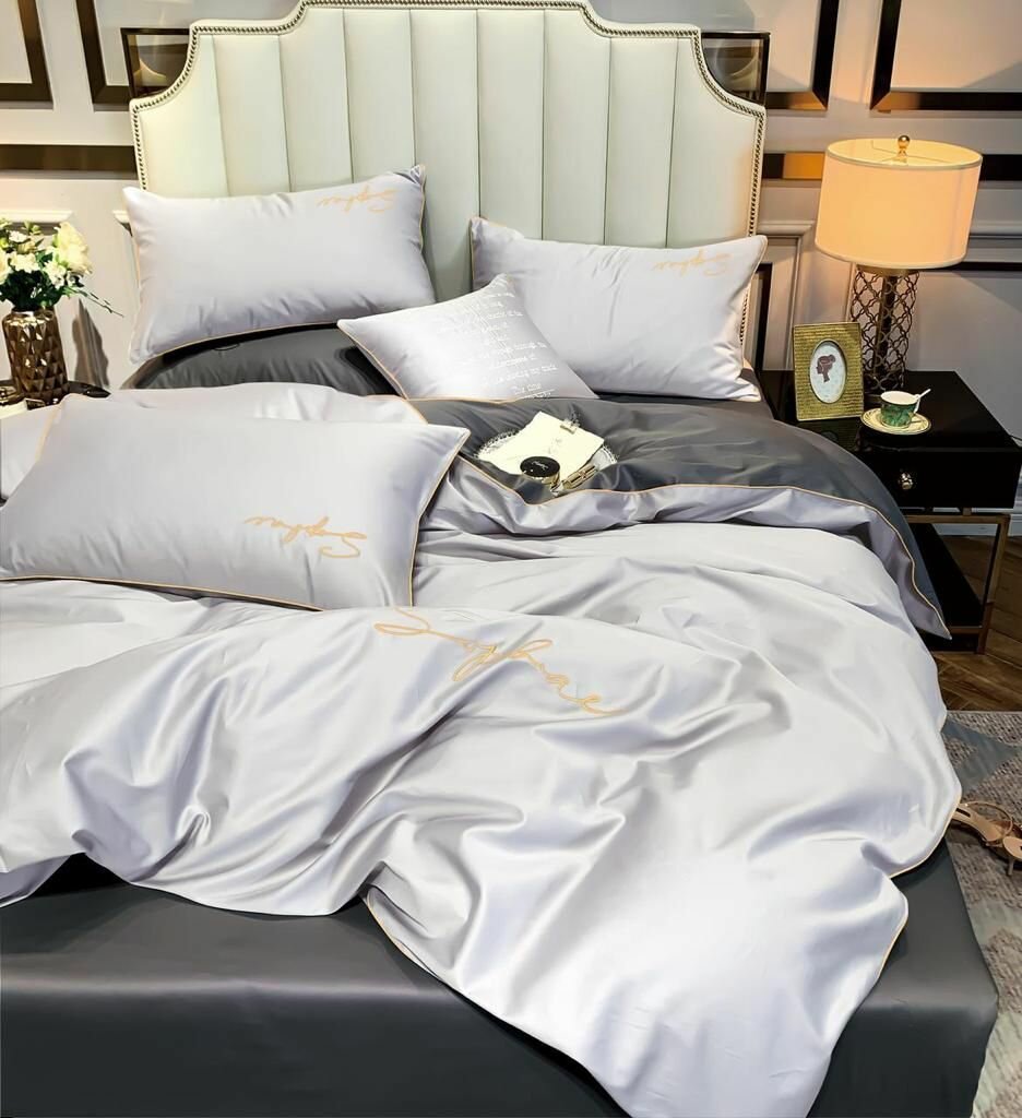 Постельное белье 1.5 спальное, Жатка с вышивкой и кантом, Простыня на резинке по кругу