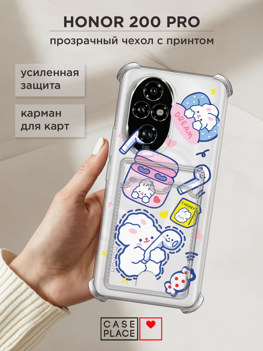 Чехол на Honor 200 Pro (Хонор 200 Про) с картой и принтом Мишка с наушником в корейском стиле