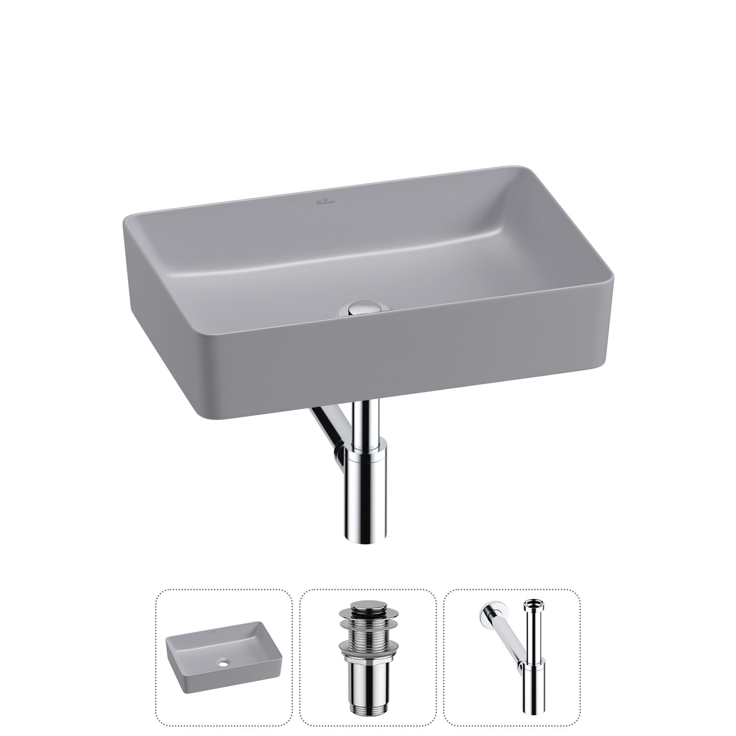 Накладная раковина в ванную комнату Wellsee FreeDom 2.0 20214484R в наборе 3 в 1: раковина 50 см в цвете матовый серый, донный клапан, сифон