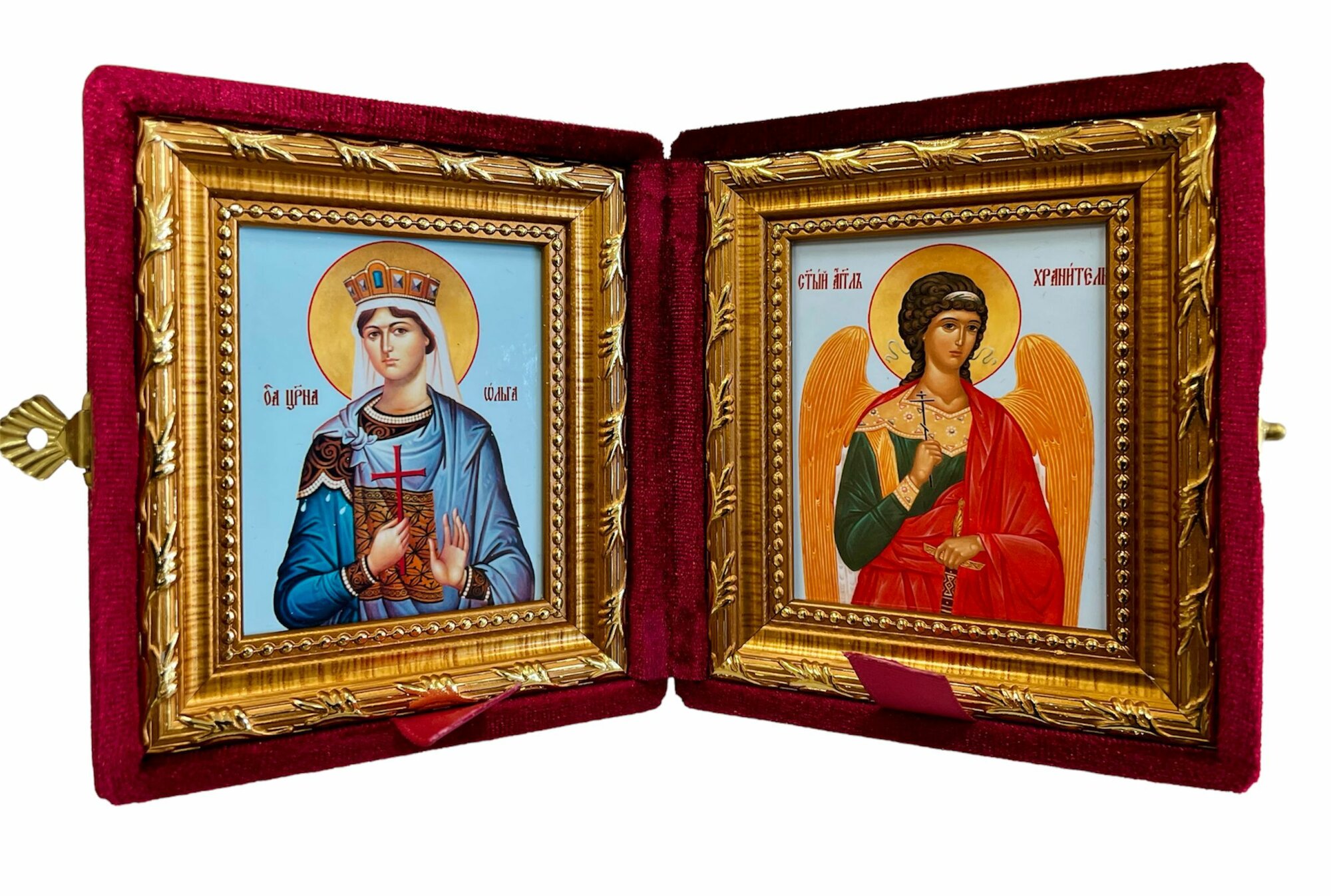 Икона Складень Ольга Николаевна Романова, великая княжна, Великомученица и Ангел Хранитель в бархатном футляре, 10х11 см