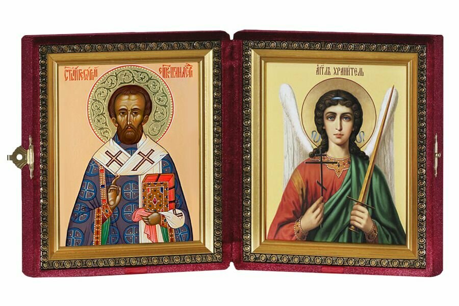 Икона складень Георгий Амастридский, Святитель и Ангел Хранитель в бархатном футляре, 10х11 см