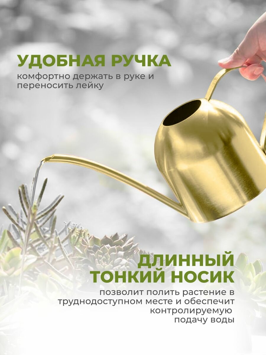 Лейка металлическая для цветов с длинным носиком золотая, 1л