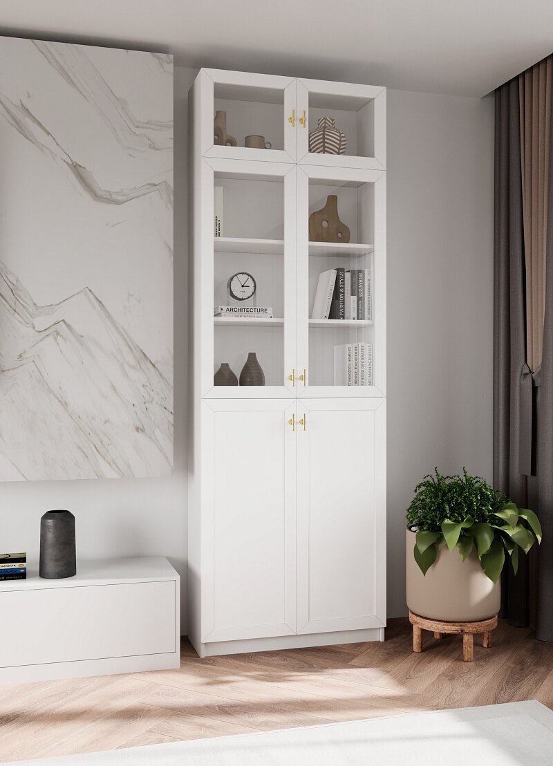 Шкаф книжный стеллаж Билли Хелена Billy по мотивам Икея Ikea с антресолью - 21 Белый / Золото 60x50x200 золотистый для книг