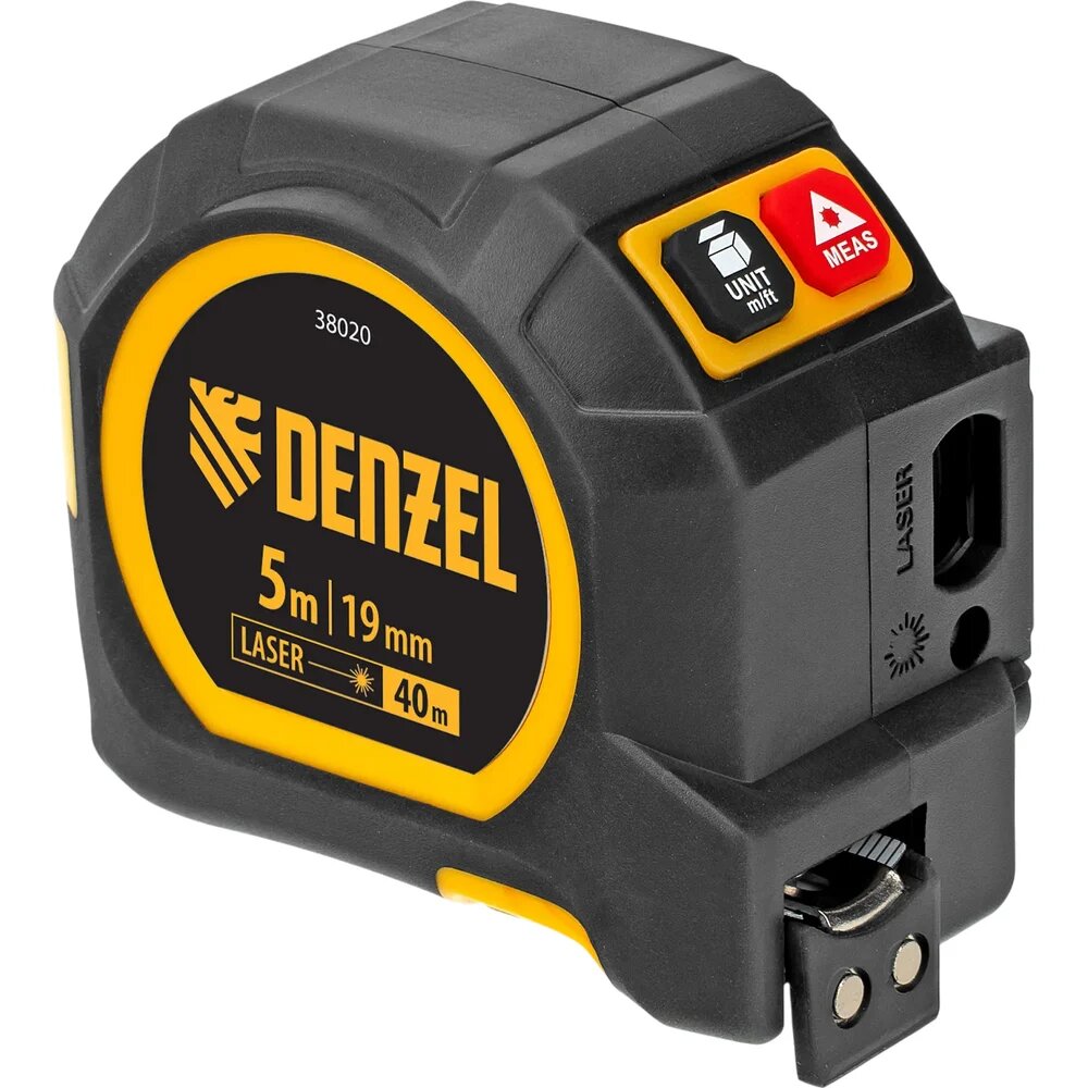 Лазерный дальномер с рулеткой Denzel LT-40, 5м x 19 мм, дальномер 40м, автомат. фиксация, для профессионалов и любителей