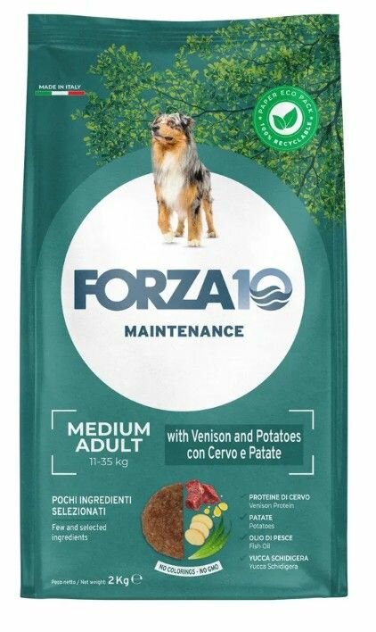 Корм сухой Forza10 "Maintenance" для взрослых собак средних пород, с мясом дикого оленя и молодым картофелем, 2 кг