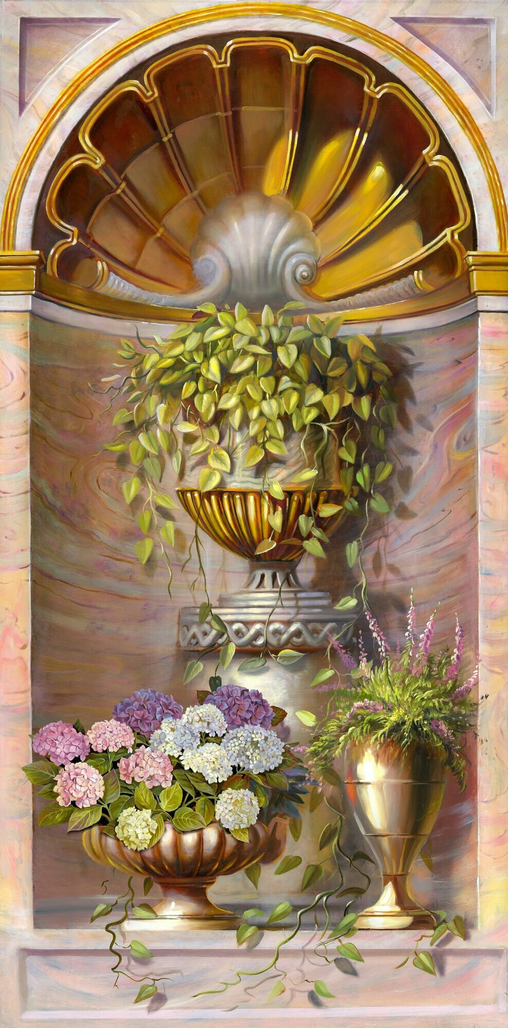 Фотообои Уютная стена "Вазы с цветами в нише" 130х270 см Виниловые Бесшовные (единым полотном)