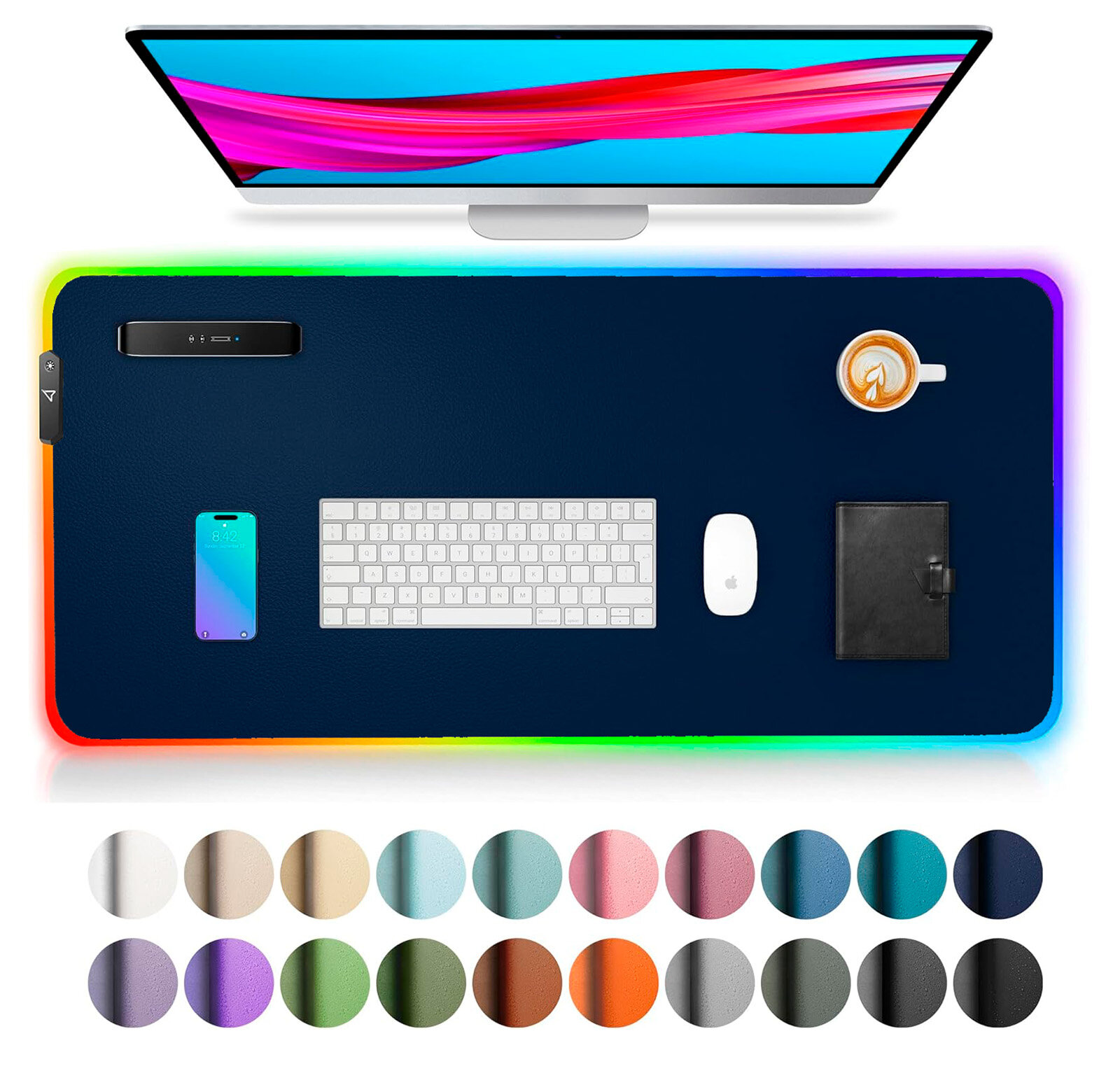 Коврик для клавиатуры и мыши с RGB подсветкой 40 см х 80 см , защитный, большой, водонепроницаемый, кожаный, синий