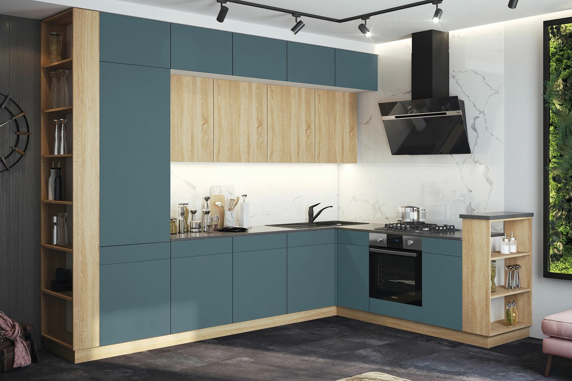 Кухня Техно-5 3,2*2,24м (490) (Сонома/Браш Блю, Белый (Кастилло темный))