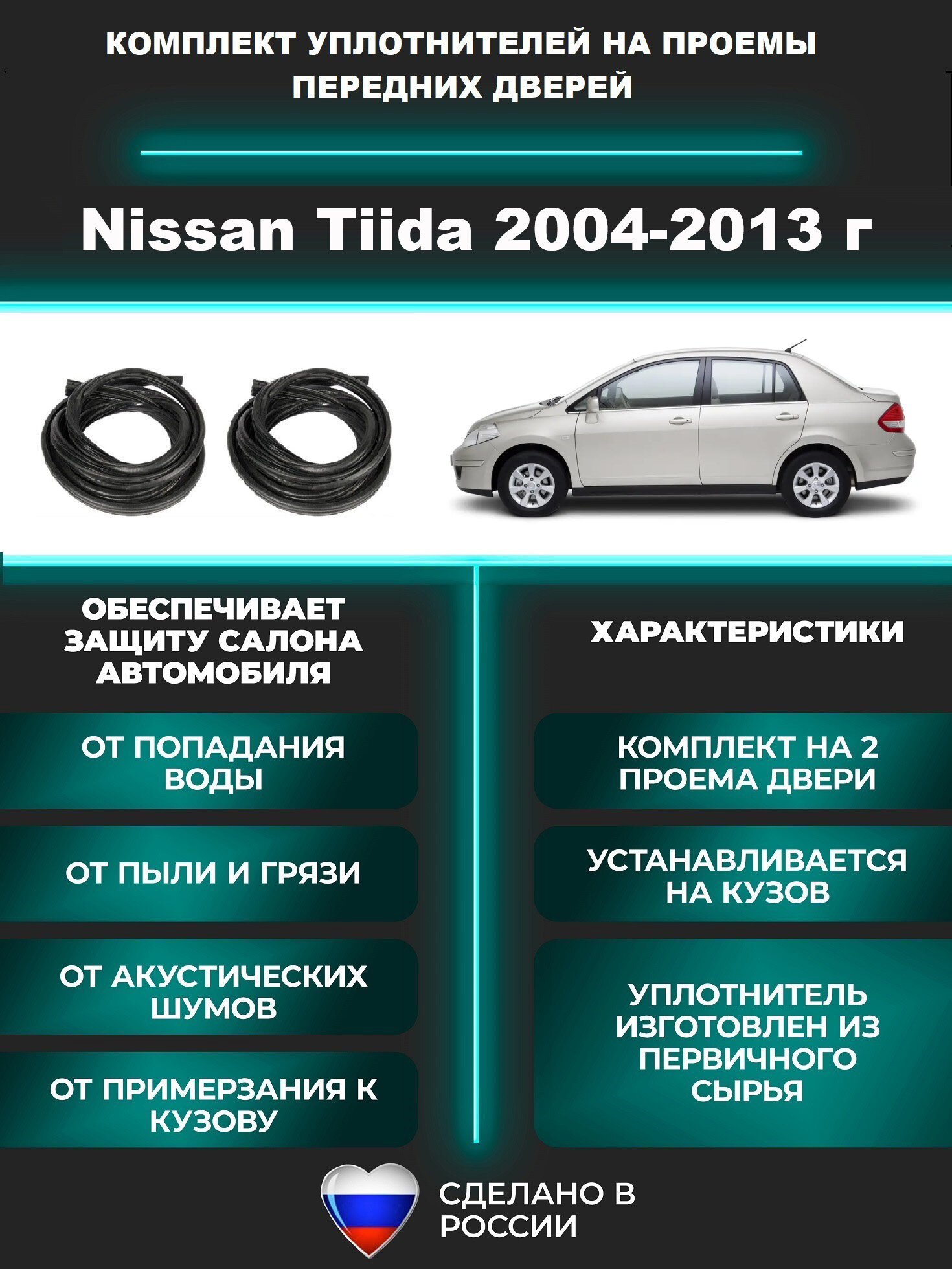Комплект уплотнителей проема передних дверей, подходит на Nissan Tiida 2004-2013 г / Ниссан Тиида, 2 шт