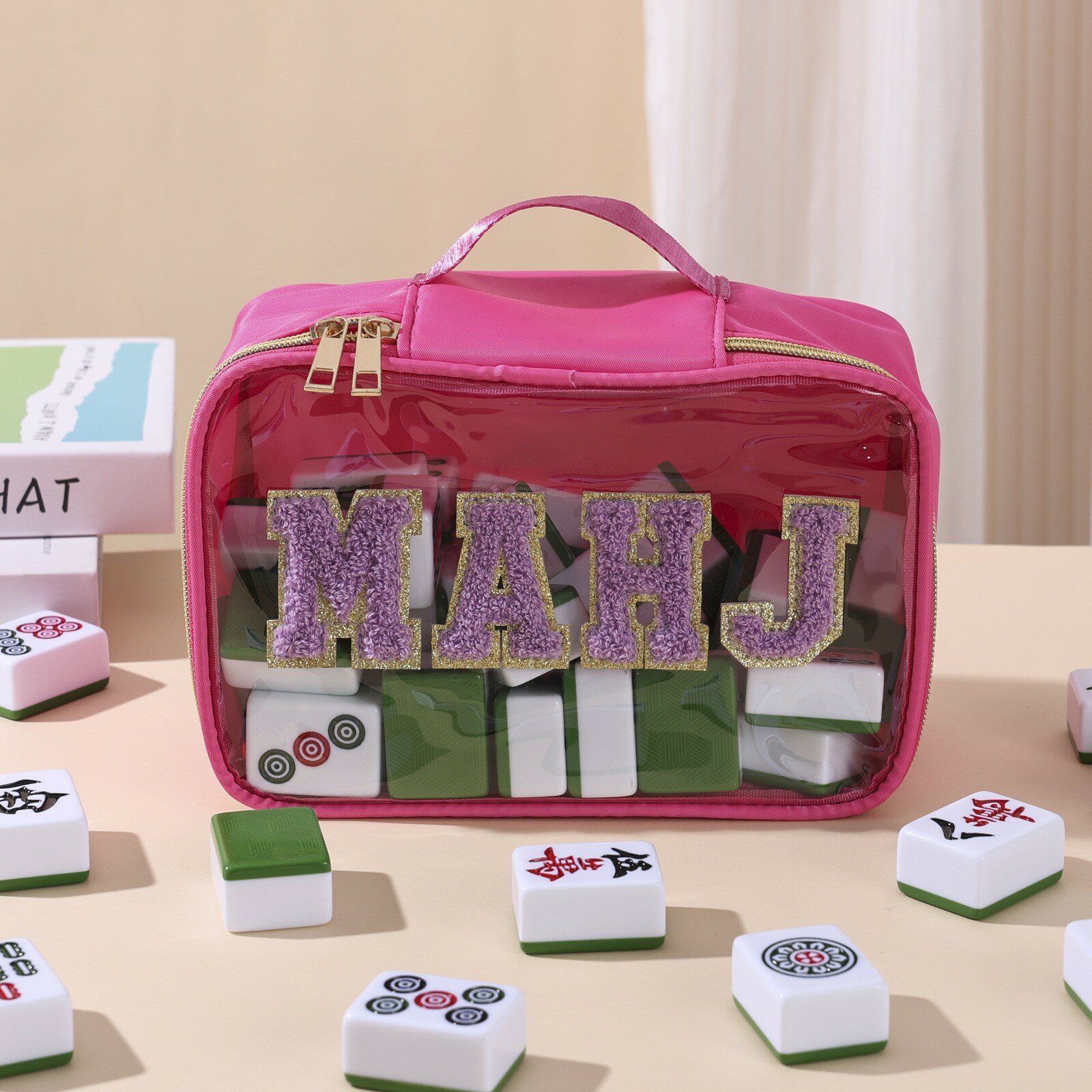 Embroidered Mahjong Tile Organizer Bag with Handle, Portable Toiletry Makeup Pouch, Large Capacity Travel Cosmetic Case