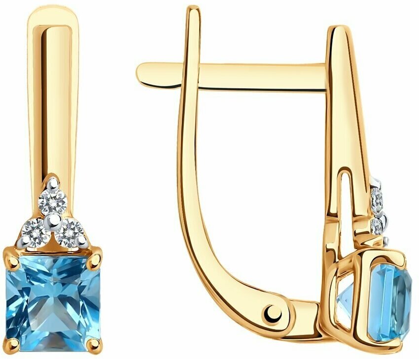 Серьги, красное золото, 585 проба, топаз, бриллиант