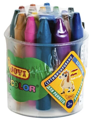 Восковые мелки утолщенные JOVI (Испания), 16 цветов, детские от 3 лет, пластиковый стакан, точилка, 980/16