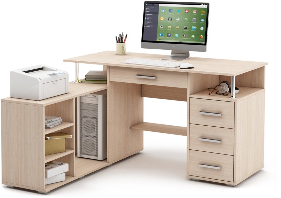 Компьютерный стол Амбер (Реал) 11Я, 130x130x75 см, с ящиком и полкой для принтера