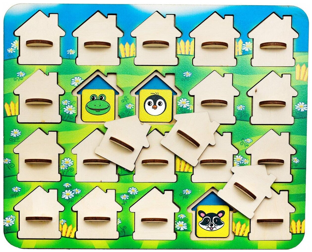 Развивающий пазл-вкладыш Smile Decor "Мемо домики", игра-мемори для развития памяти, 20 окошек
